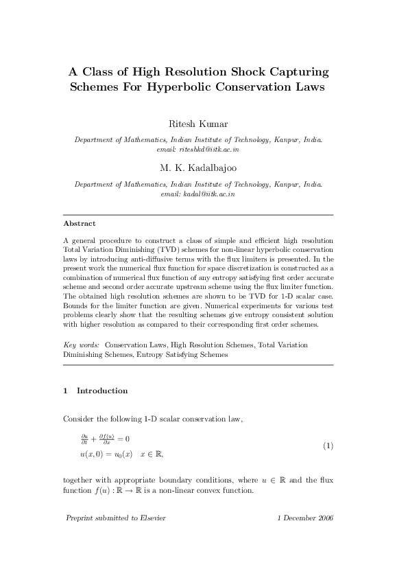 Pdf A Class Of High Resolution Shock Capturing Schemes For Hyperbolic Conservation Laws