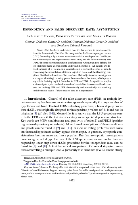 (PDF) Dependency and false discovery rate: Asymptotics