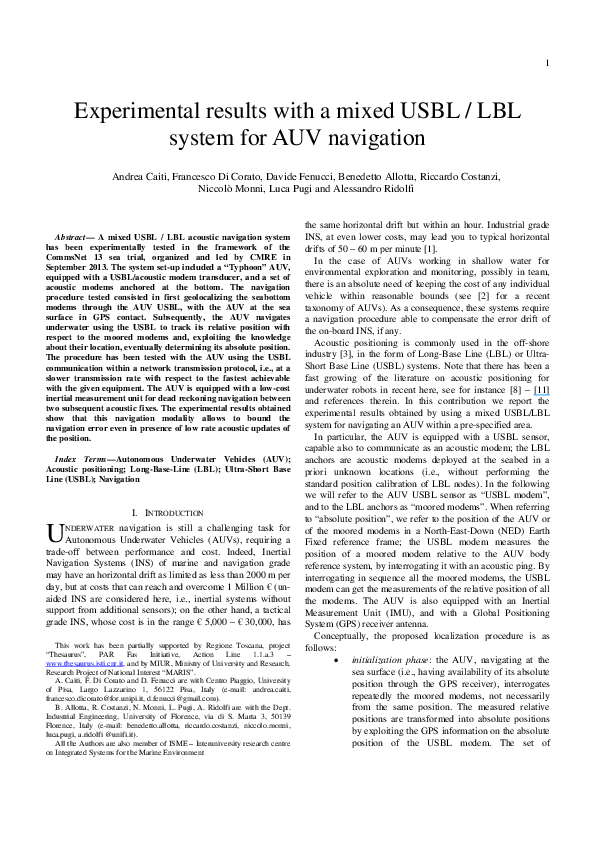 (PDF) Experimental results with a mixed USBL/LBL system for AUV navigation