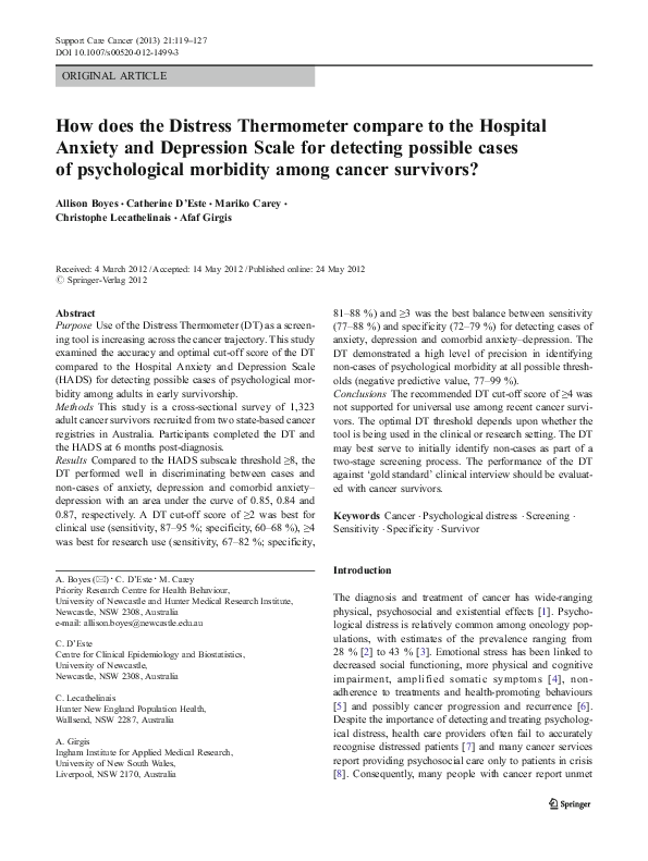 (PDF) How does the Distress Thermometer compare to the Hospital Anxiety ...