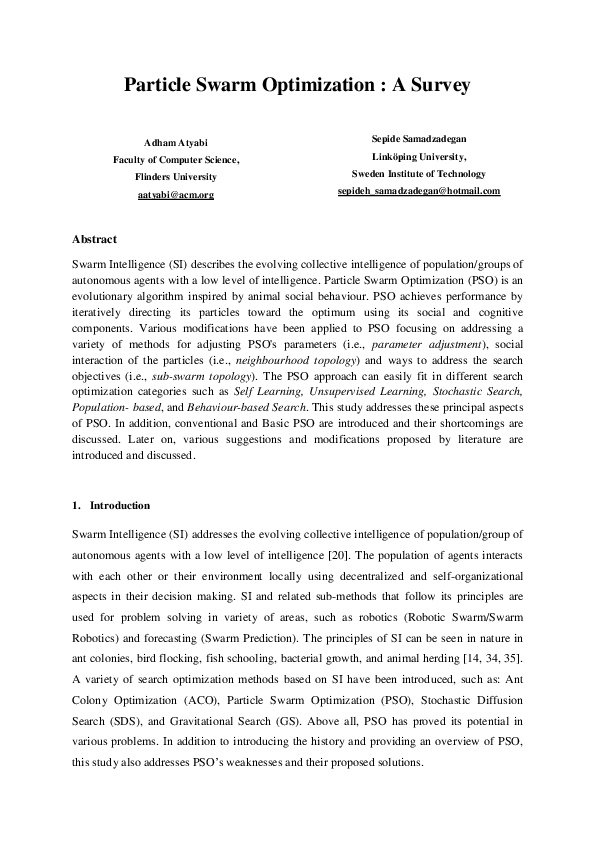 (PDF) Particle Swarm Optimization - A Survey