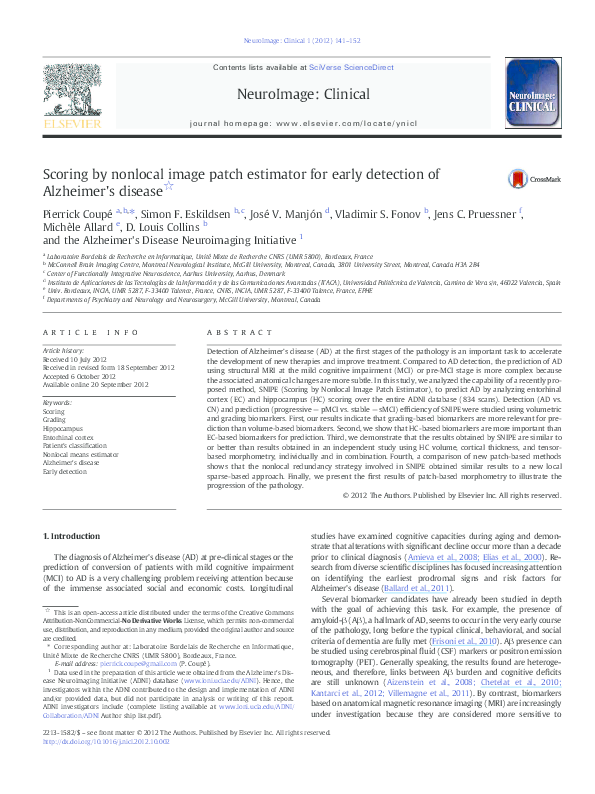 Pdf Scoring By Nonlocal Image Patch Estimator For Early Detection Of Alzheimers Disease