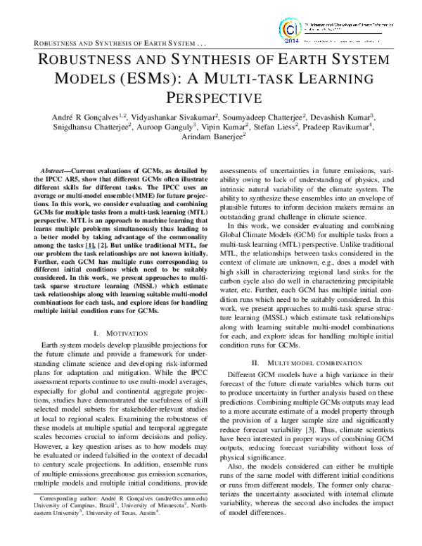 (PDF) ROBUSTNESS AND SYNTHESIS OF EARTH SYSTEM MODELS (ESMS): AMulti ...