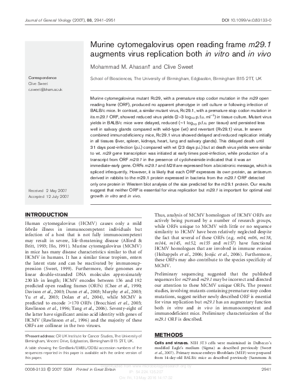 (PDF) Murine cytomegalovirus open reading frame m29.1 augments virus replication both in vitro ...