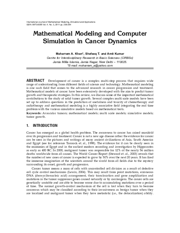 Pdf Mathematical Modeling And Computer Simulation In Cancer Dynamics