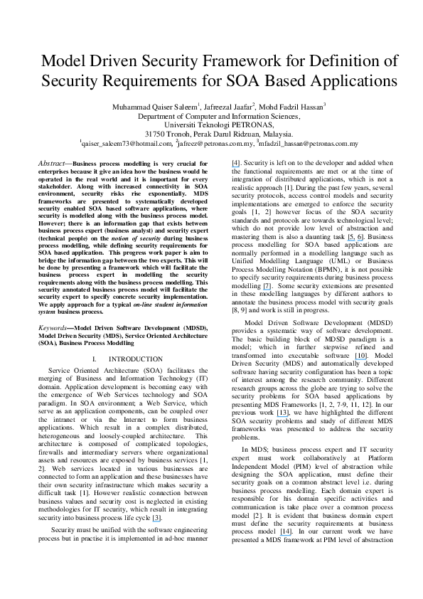 Pdf Model Driven Security Framework For Definition Of Security
