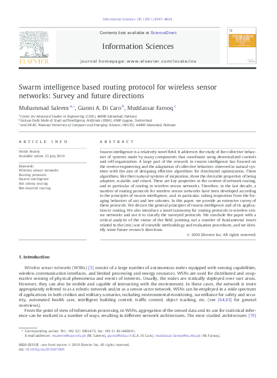 (PDF) Swarm intelligence based routing protocol for wireless sensor networks: Survey and future ...