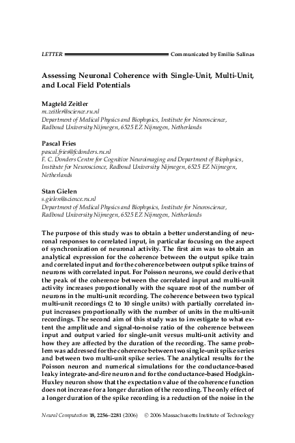 Pdf Assessing Neuronal Coherence With Single Unit Multi Unit And Local Field Potentials