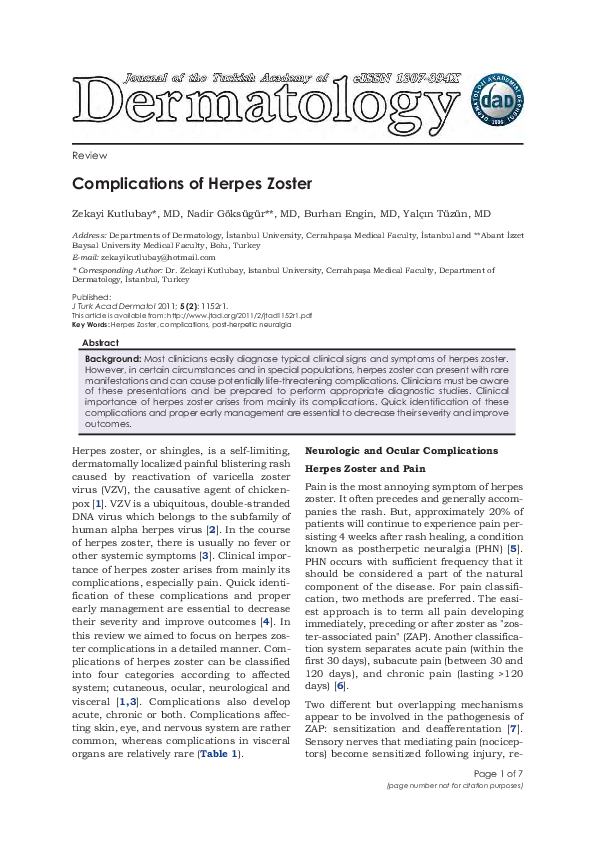 (PDF) Complications of Herpes Zoster