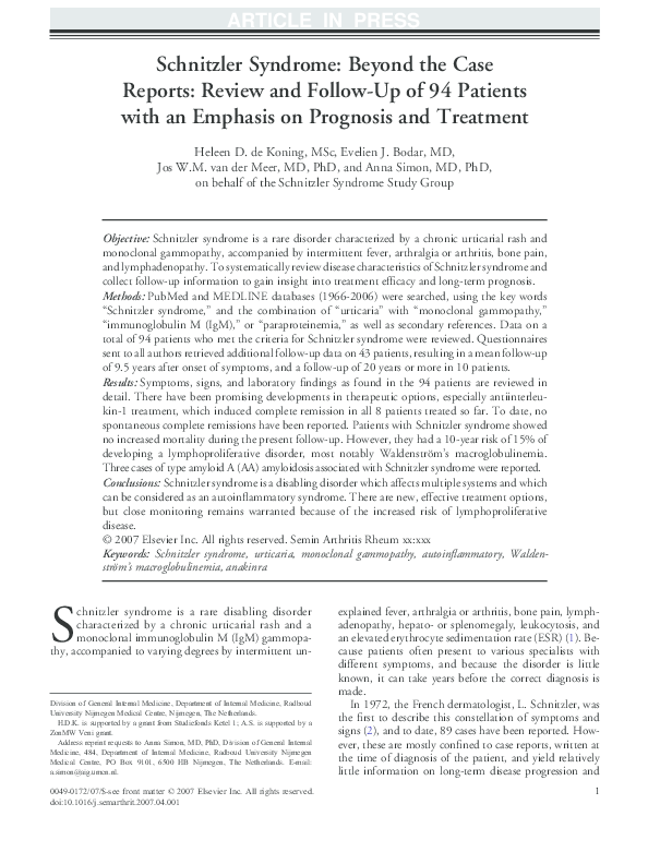(PDF) Schnitzler Syndrome: Beyond the Case Reports: Review and Follow ...