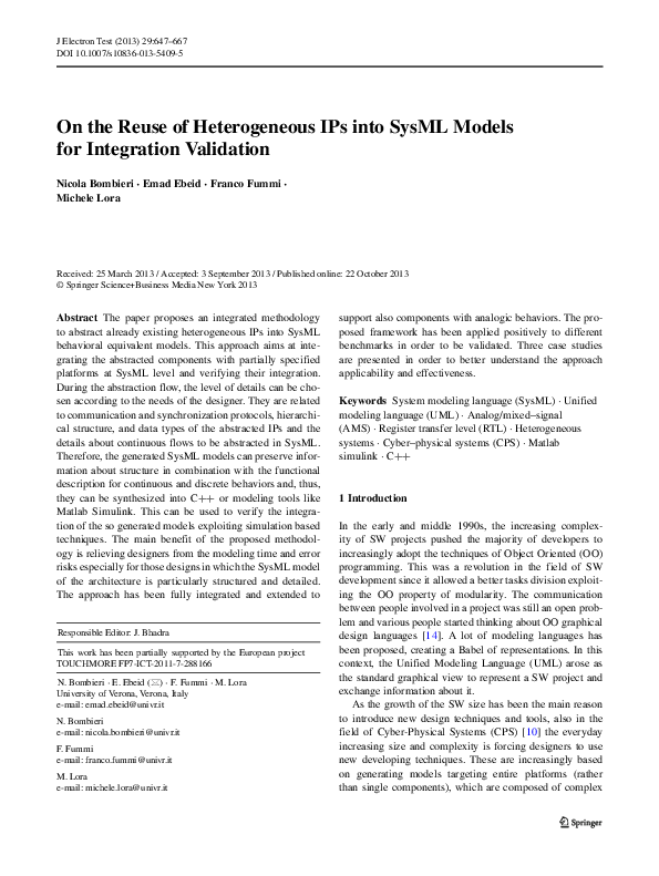 Pdf On The Reuse Of Heterogeneous Ips Into Sysml Models For Integration Validation