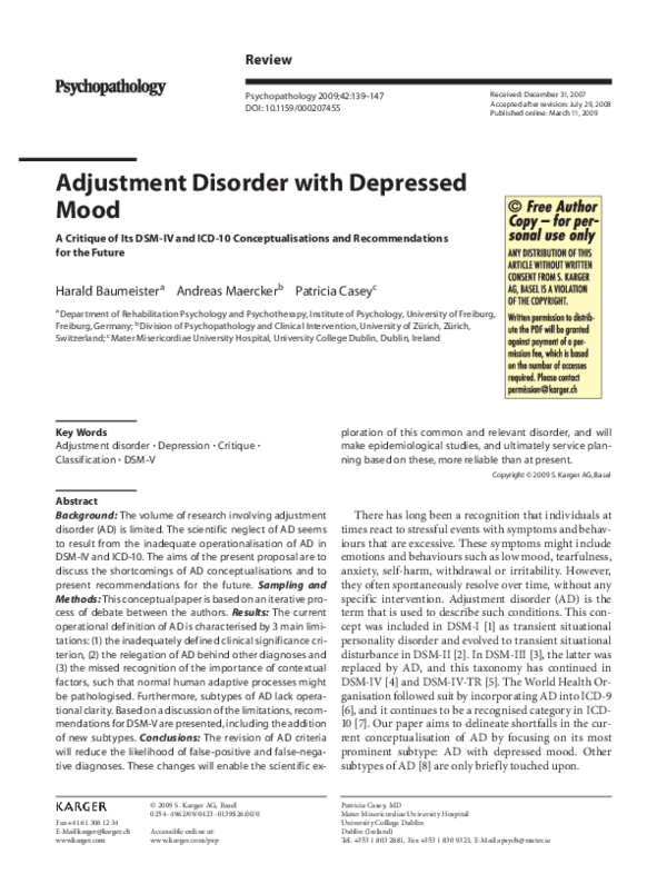 (PDF) Adjustment disorder with depressed mood: a critique of its DSM-IV ...