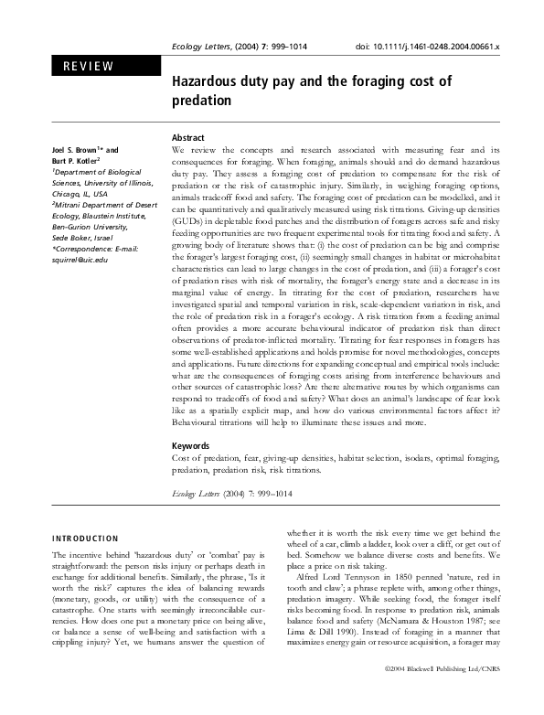 (PDF) Hazardous duty pay and the foraging cost of predation