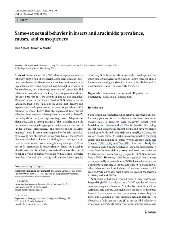 Pdf Same Sex Sexual Behavior In Insects And Arachnids Prevalence Causes And Consequences 