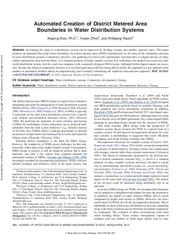 Pdf Automated Creation Of District Metered Area Boundaries In Water Distribution Systems