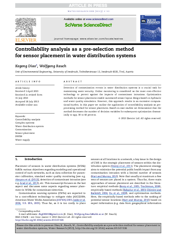 Pdf Controllability Analysis As A Pre Selection Method For Sensor