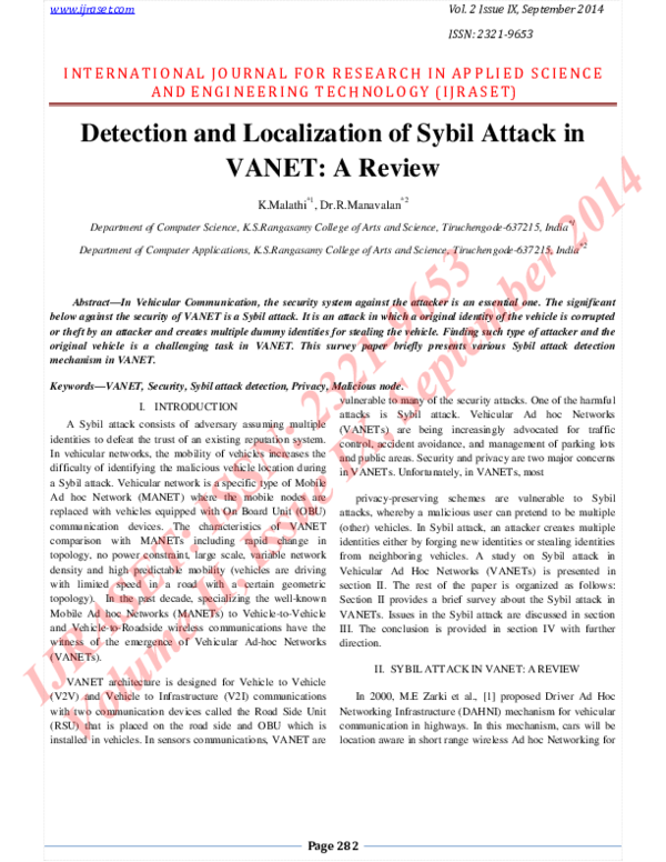 (PDF) Detection and Localization of Sybil Attack in VANET: A Review