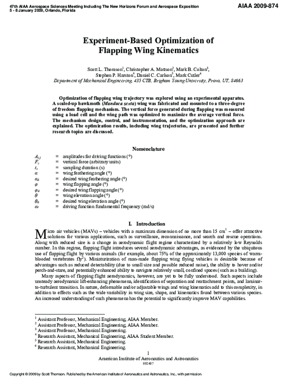 Pdf Experiment Based Optimization Of Flapping Wing Kinematics
