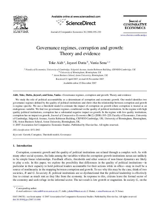 (PDF) Governance regimes, corruption and growth: Theory and evidence