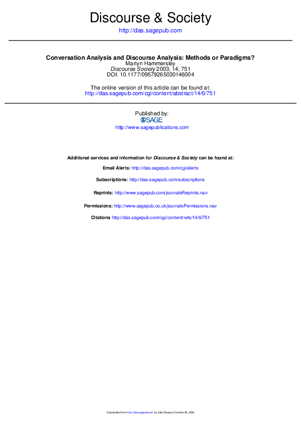 (PDF) Conversation Analysis and Discourse Analysis: Methods or Paradigms?