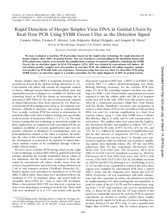 Pdf Rapid Detection Of Herpes Simplex Virus Dna In Genital Ulcers By Real Time Pcr Using Sybr