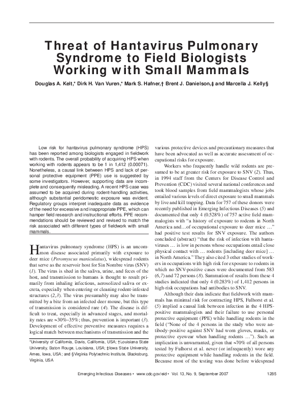 (PDF) Threat of Hantavirus Pulmonary Syndrome to Field Biologists ...