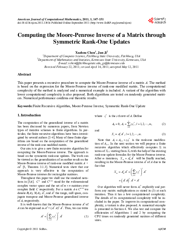 Pdf Computing The Moore Penrose Inverse Of A Matrix Through Symmetric Rank One Updates