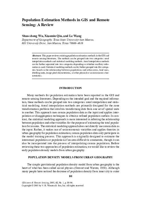 (PDF) Population Estimation Methods in GIS and Remote Sensing: A Review