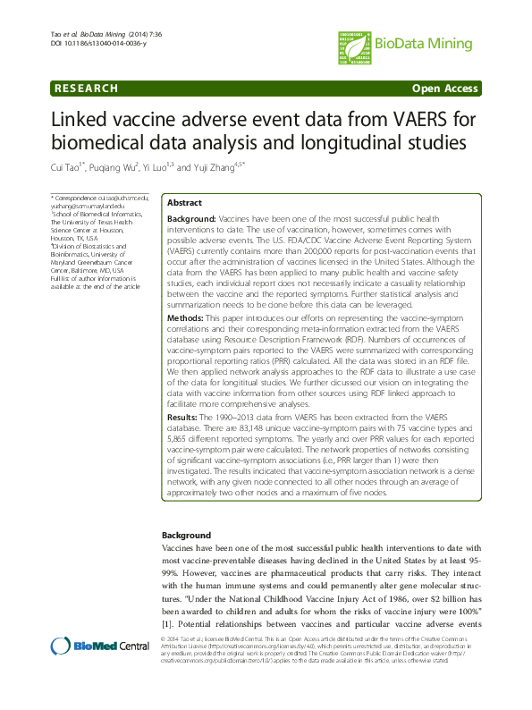 (PDF) Linked vaccine adverse event data from VAERS for biomedical data ...