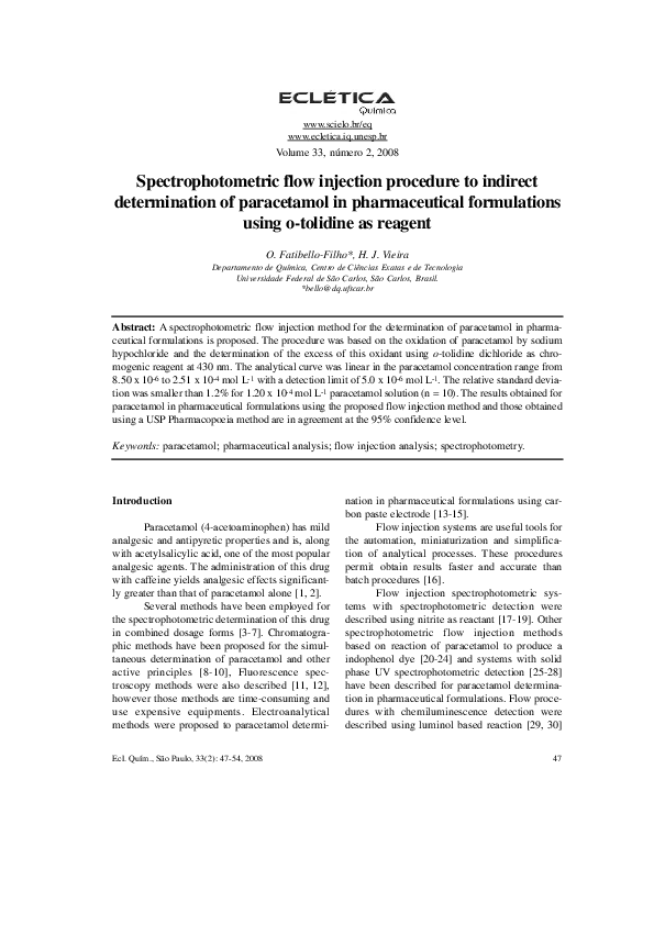 Pdf Spectrophotometric Flow Injection Procedure To Indirect Determination Of Paracetamol In