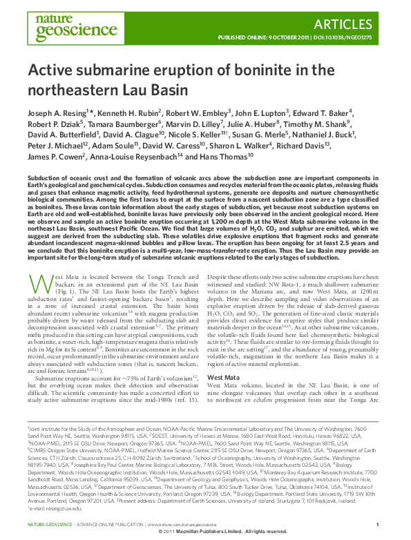 (PDF) Active submarine eruption of boninite in the northeastern Lau Basin