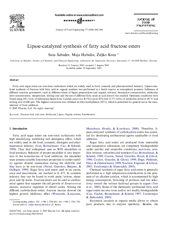 (PDF) Lipase-catalyzed synthesis of fatty acid fructose esters
