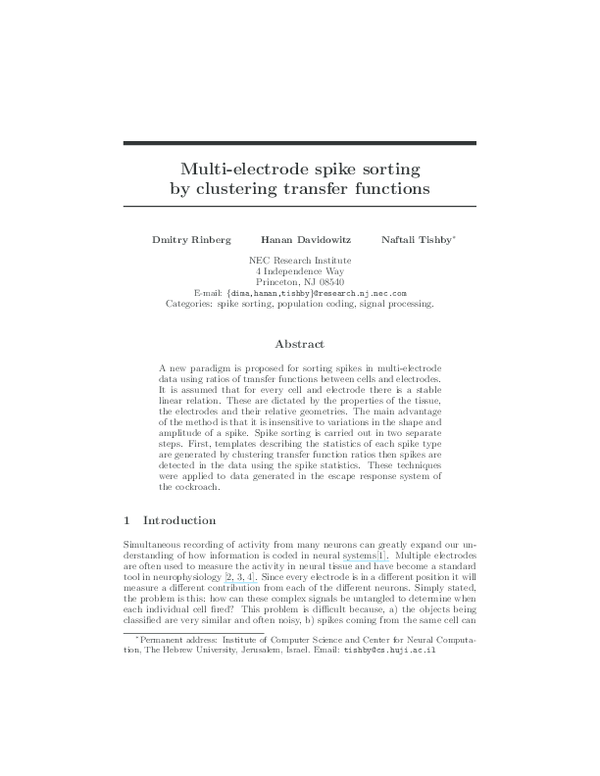 (PDF) Multi-Electrode Spike Sorting By Clustering Transfer Functions | Dmitry Rinberg - Academia.edu