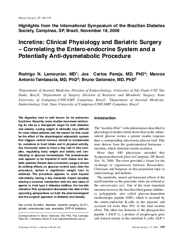 (PDF) Incretins: Clinical Physiology and Bariatric Surgery –Correlating ...