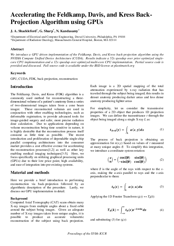 (PDF) Accelerating the Feldkamp, Davis, and Kress Back- Projection Algorithm using GPUs
