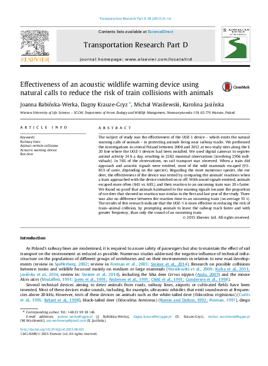 (PDF) Effectiveness of an acoustic wildlife warning device using ...
