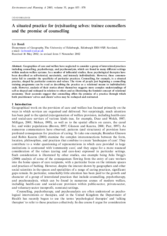 (PDF) A situated practice for (re)situating selves: trainee counsellors ...