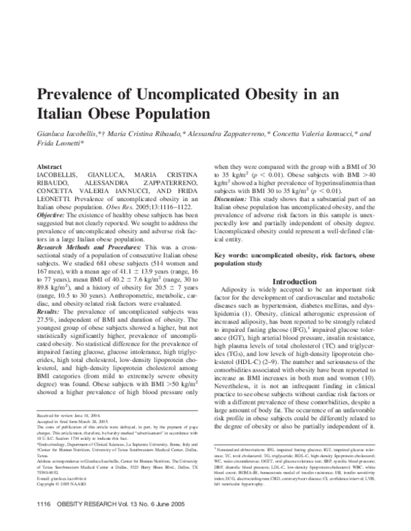 (PDF) Prevalence of Uncomplicated Obesity in an Italian Obese Population**