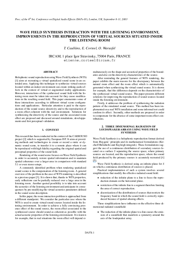 Pdf Wave Field Synthesis Interaction With The Listening Enviro Nment Improvements In The
