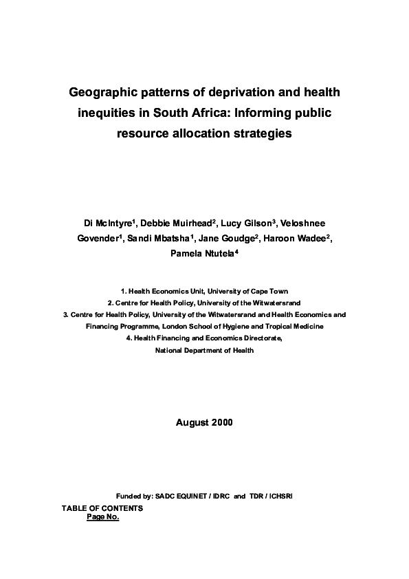 (PDF) Geographic patterns of deprivation and health inequities in South ...