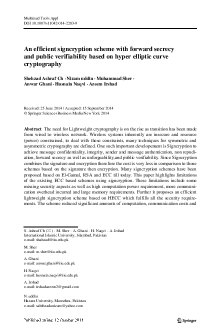 Pdf An Efficient Signcryption Scheme With Forward Secrecy And Public