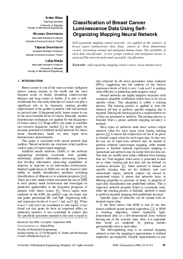 (PDF) Classification of breast cancer luminescence data using self-organizing mapping neural network