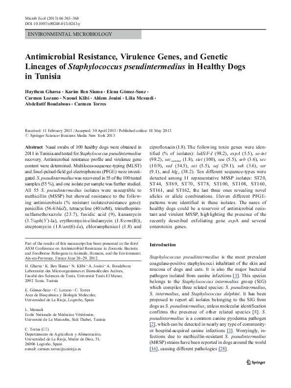 (PDF) Antimicrobial Resistance, Virulence Genes, and Genetic Lineages of Staphylococcus ...