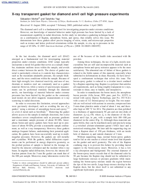 (PDF) X-ray transparent gasket for diamond anvil cell high pressure ...