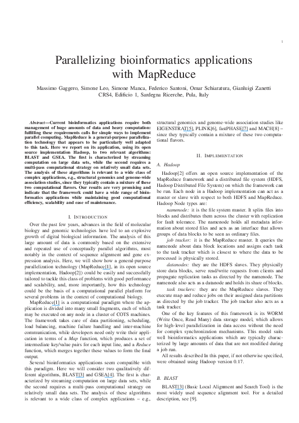 (PDF) Parallelizing bioinformatics applications with MapReduce
