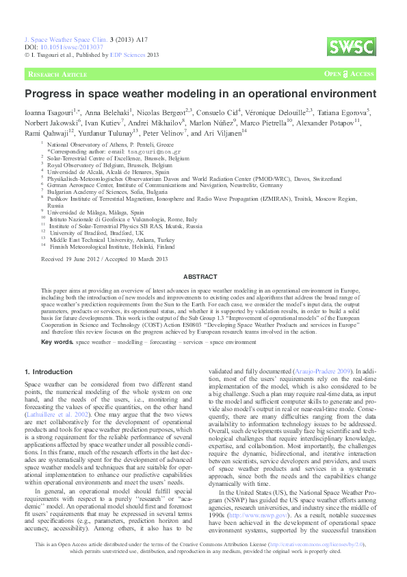 (PDF) Progress in space weather modeling in an operational environment