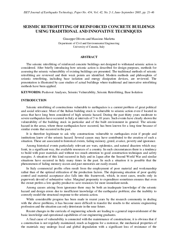(PDF) SEISMIC RETROFITTING OF REINFORCED CONCRETE BUILDINGS USING TRADITIONAL AND INNOVATIVE ...