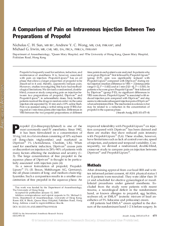 (PDF) A Comparison of Pain on Intravenous Injection Between Two ...