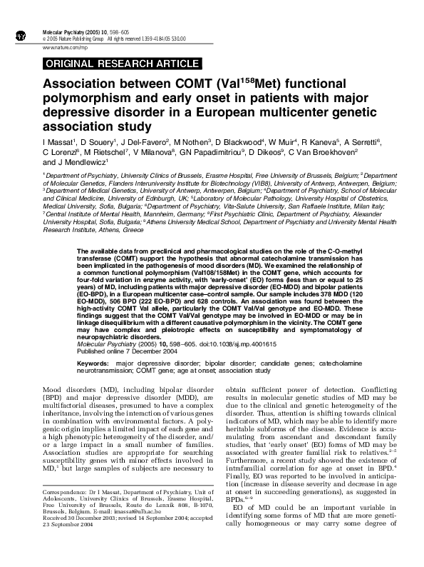 Pdf Association Between Comt Val158met Functional Polymorphism And