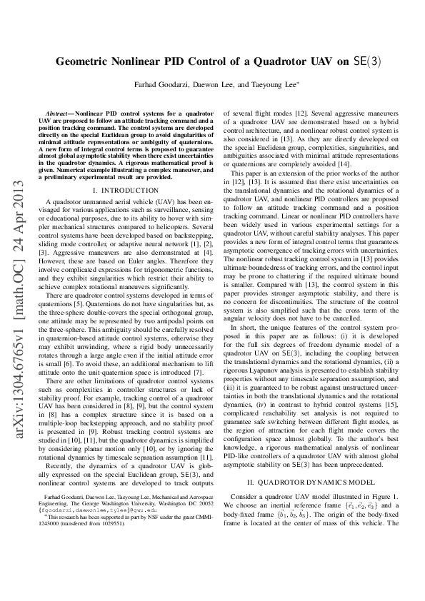 (PDF) Geometric nonlinear PID control of a quadrotor UAV on SE (3)